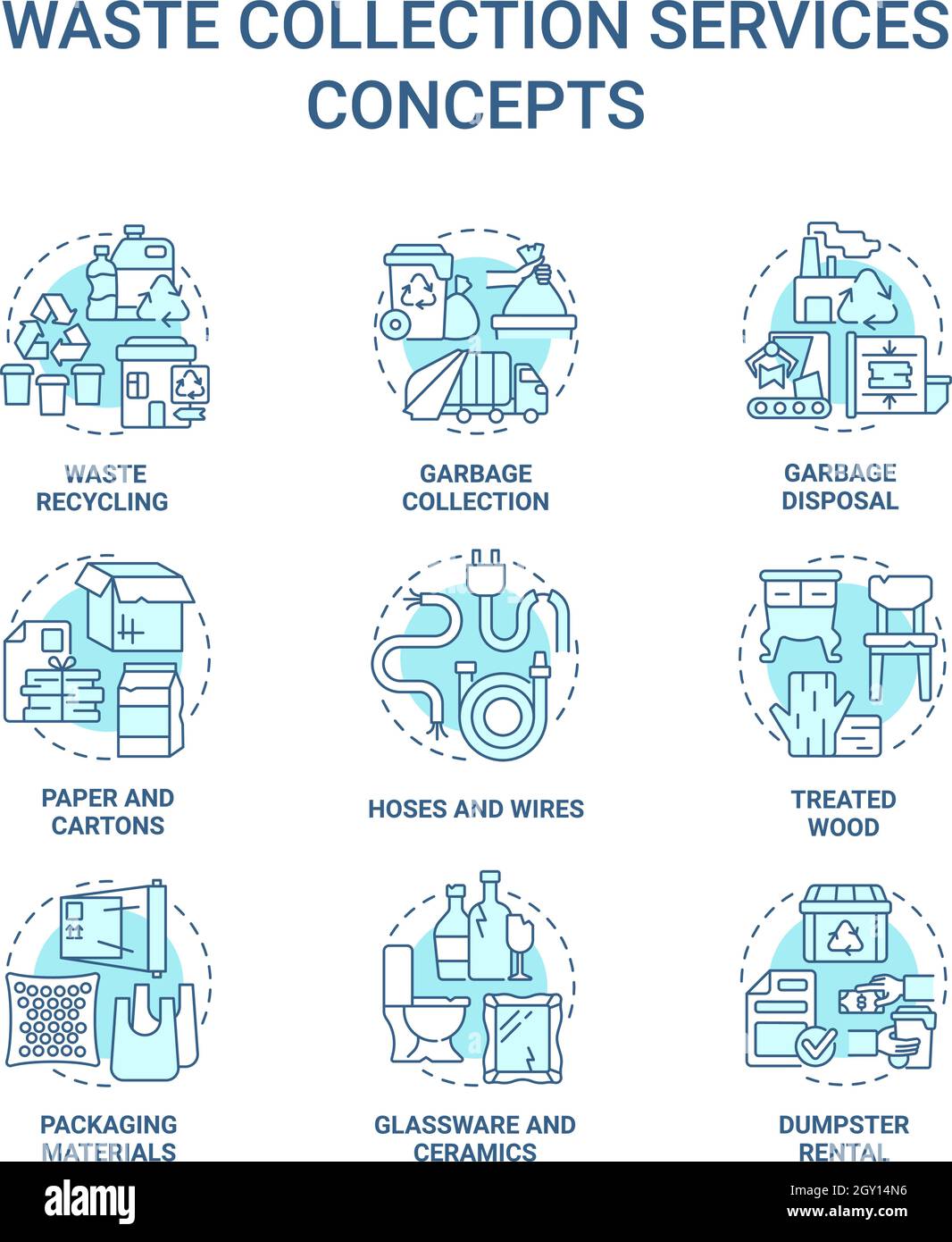 Waste collection services blue concept icons set Stock Vector Image ...