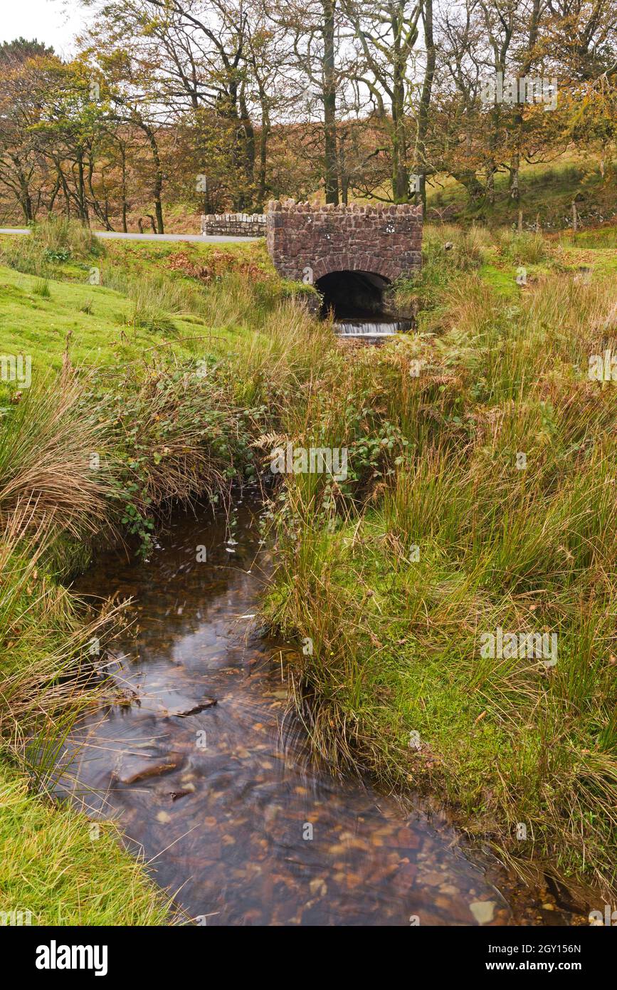 autumnal view of a small stone road bridge crossing Chetsford Water ...
