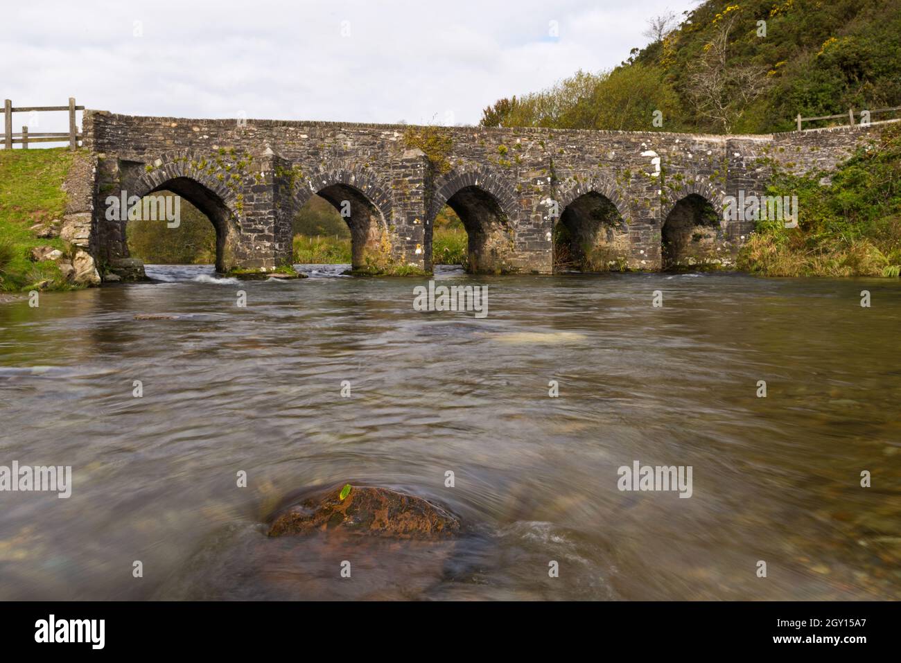 Autumnal view of the late medieval, stone 5 arched, Landacre bridge ...