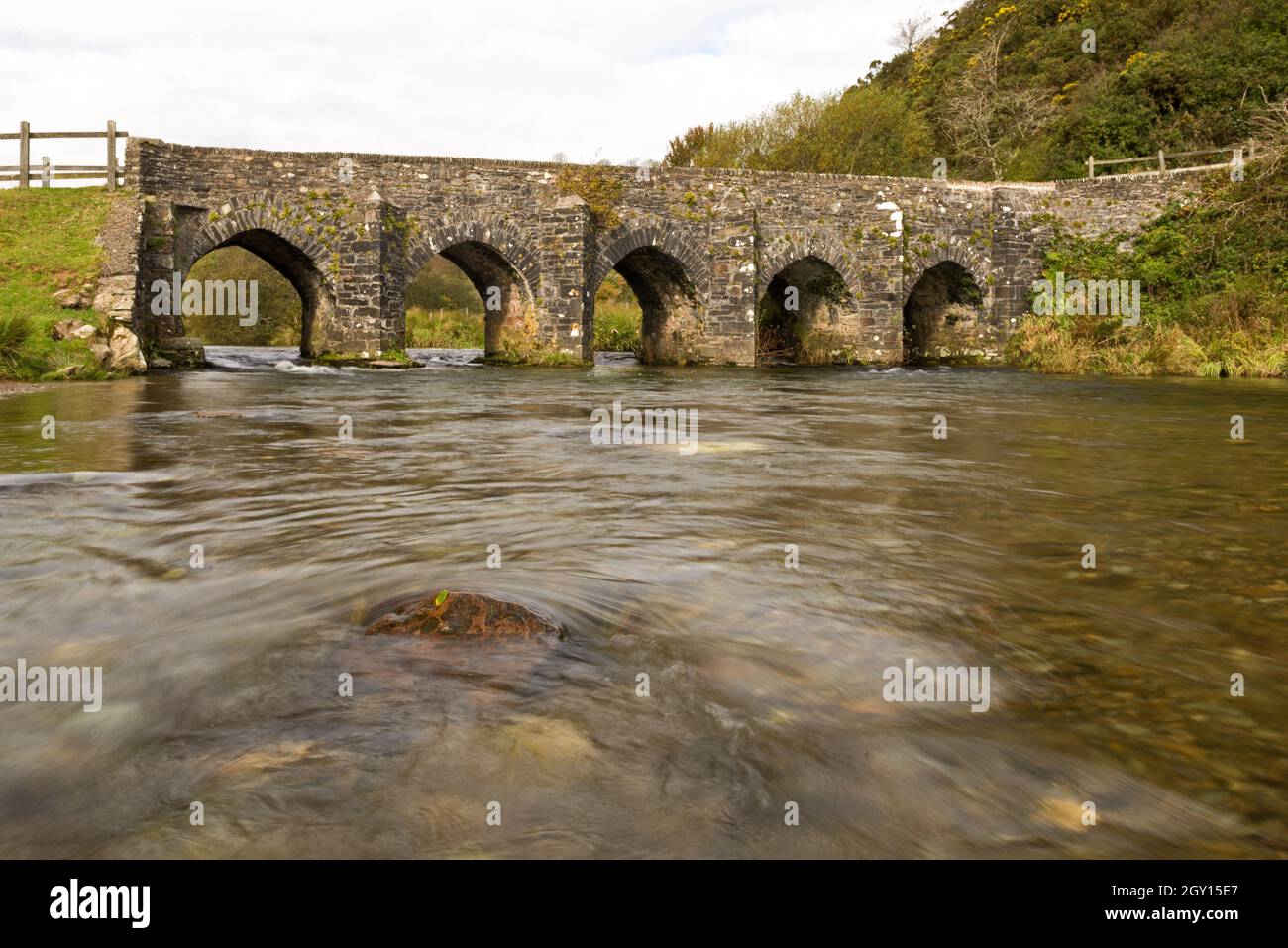 Autumnal view of the late medieval, stone 5 arched, Landacre bridge ...