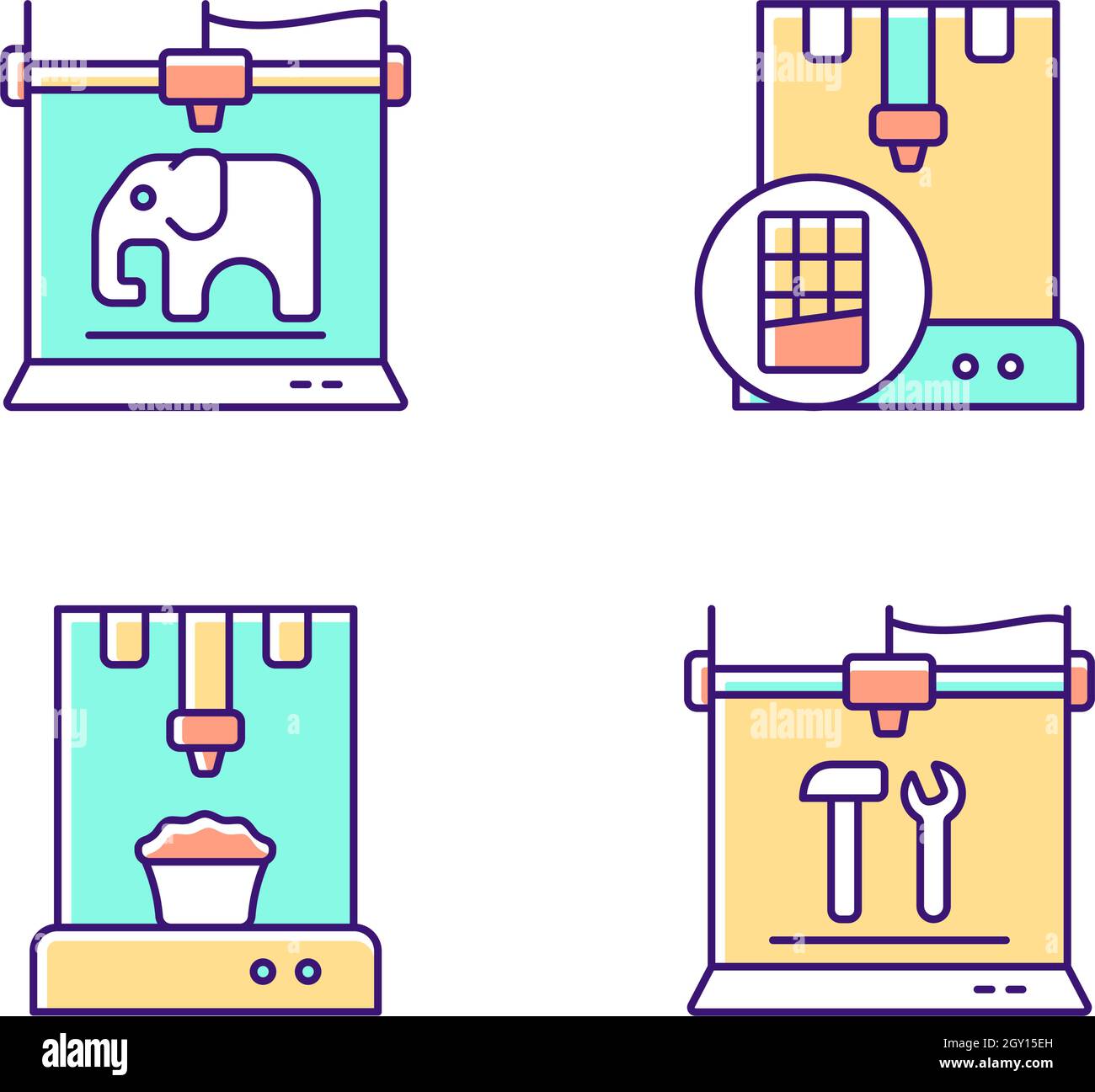 3d printed physical objects RGB color icons set Stock Vector Image ...