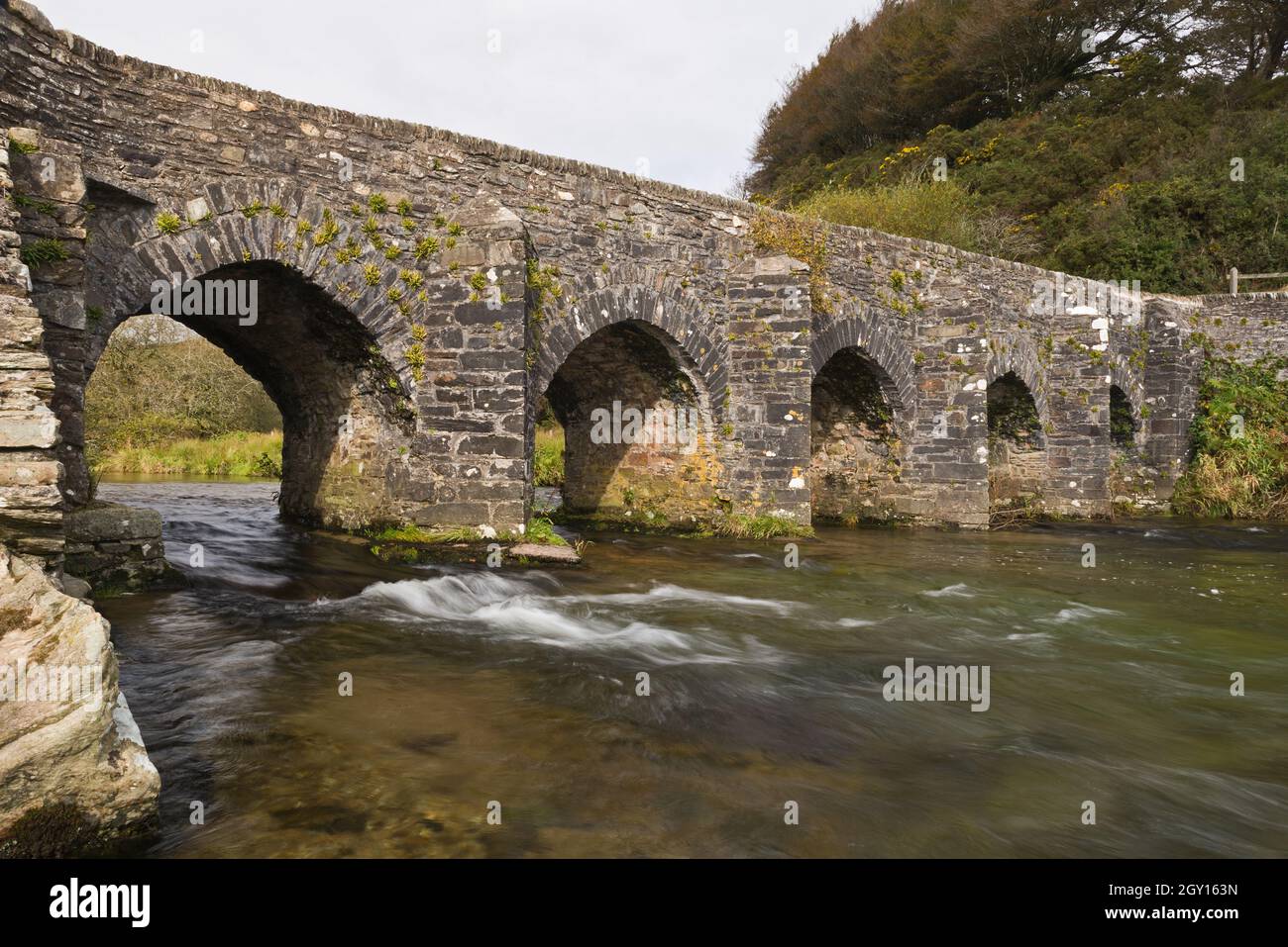 Autumnal view of the late medieval, stone 5 arched, Landacre bridge ...