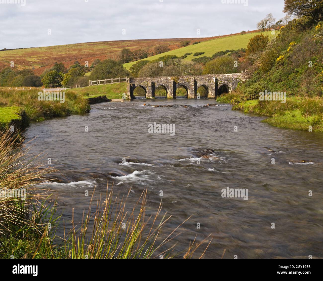 Autumnal view of the late medieval, stone 5 arched, Landacre bridge ...