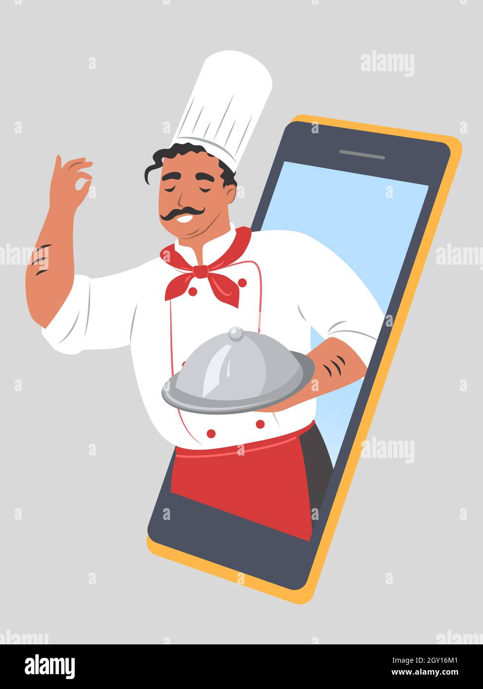 Restaurant chef with dish from smartphone, flat vector illustration ...