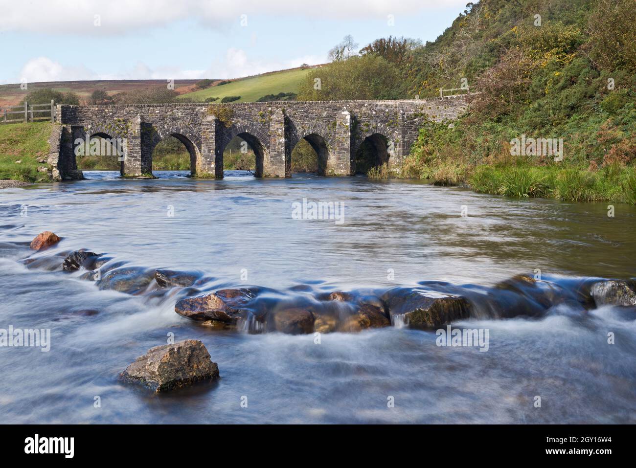 Autumnal view of the late medieval, stone 5 arched, Landacre bridge ...