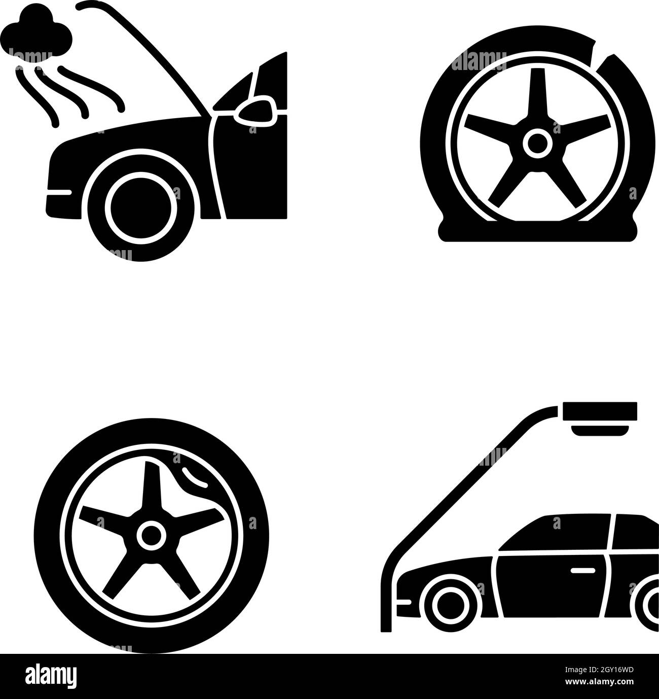 Vehicle damage in car accident cases black glyph icons set on white ...