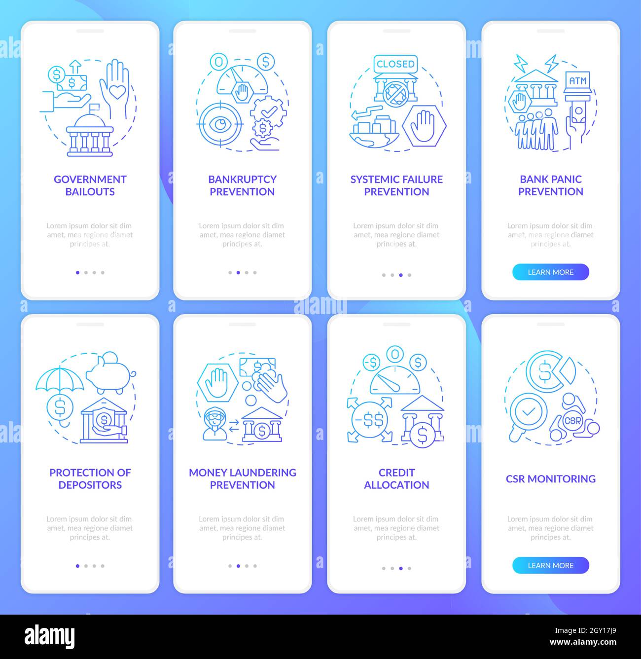 Bank regulation onboarding mobile app page screen set Stock Vector ...