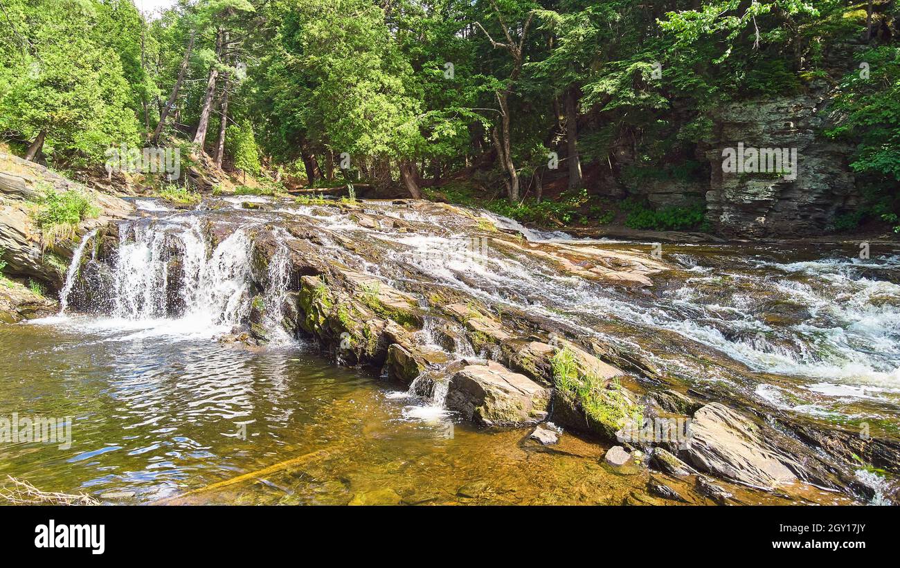 Cascading waterfalls in forest with cliff wall in background Stock ...