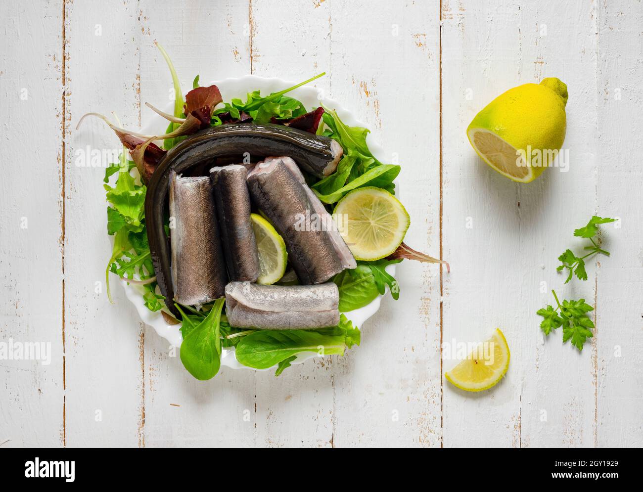 Typical Neapolitan raw fish dish of the Christmas period. Capitone, eel ...