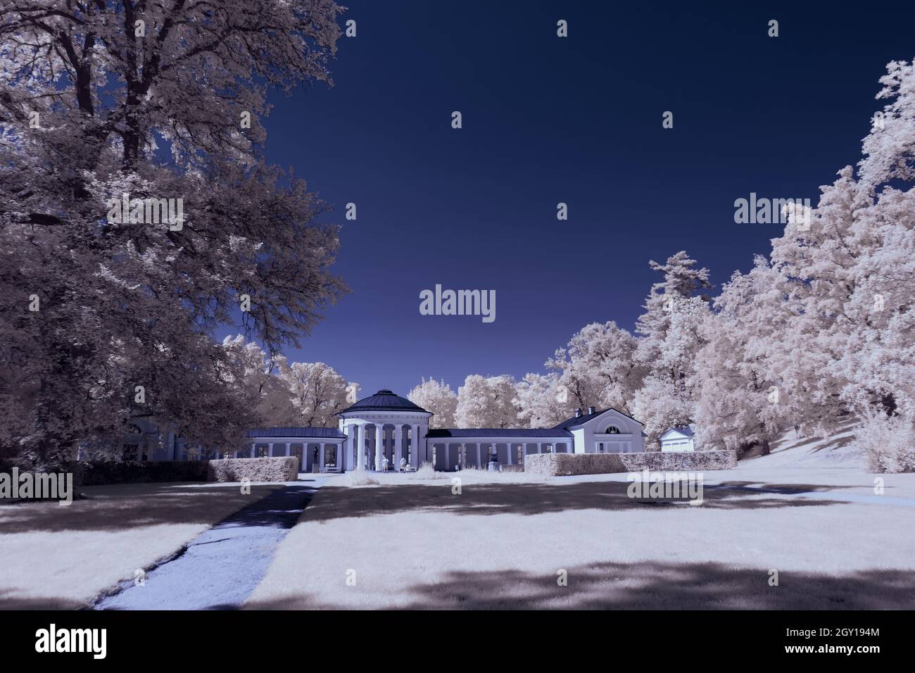Infrared landscape with glowing white vegetation using 720nm filter ...