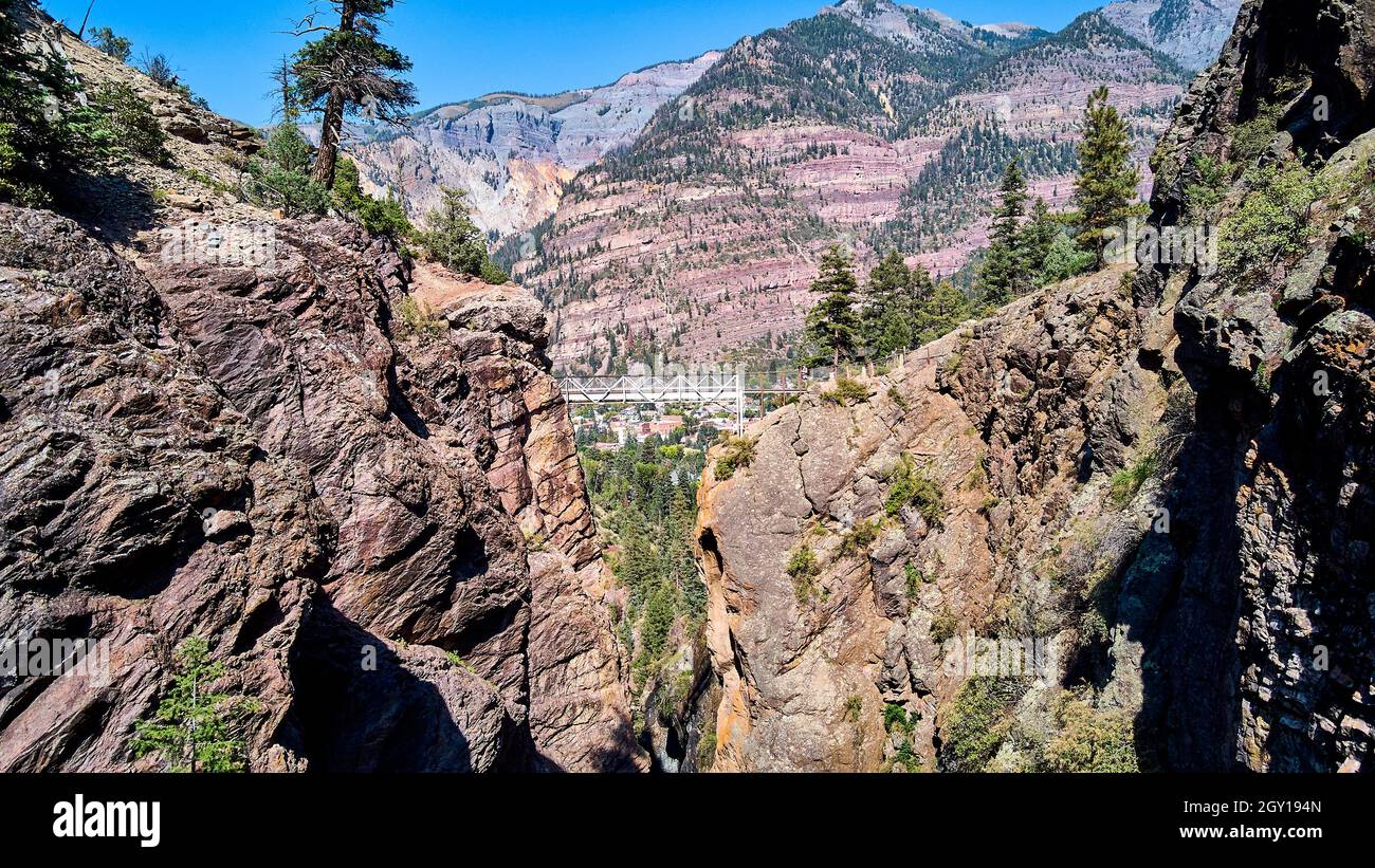 Aerial view of large canyon with bridge crossing over Stock Photo - Alamy