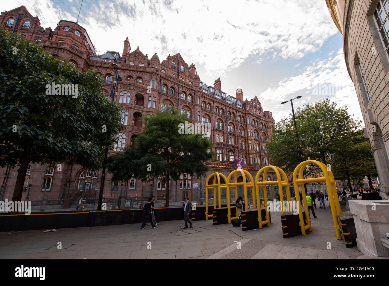 Manchester, England, UK. 6th Oct, 2021. PICTURED: Security barriers and ...
