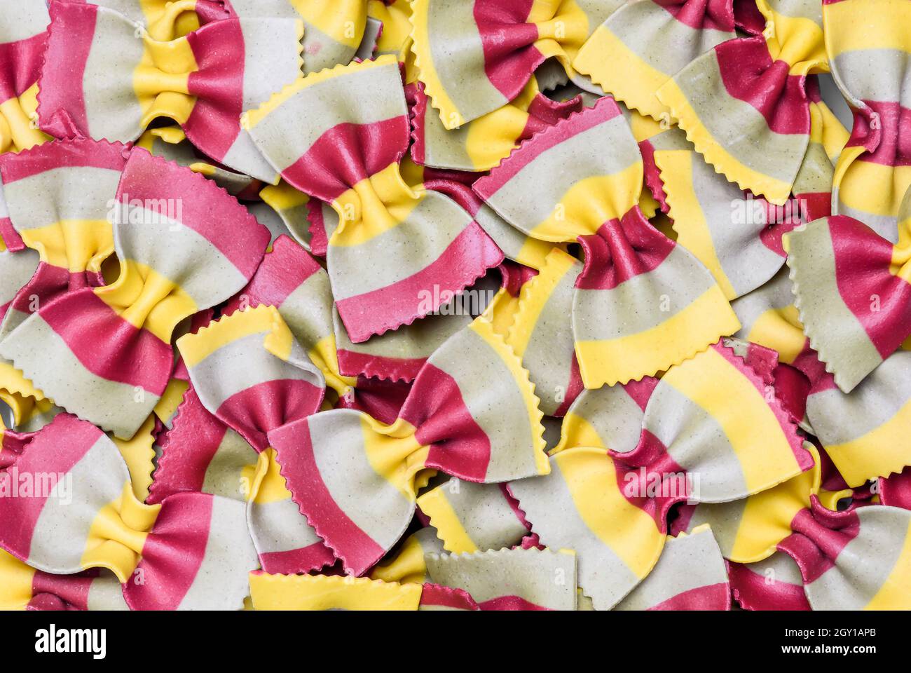 Italian pasta background. Pasta Farfalle top view, flat lay. Colorful ...