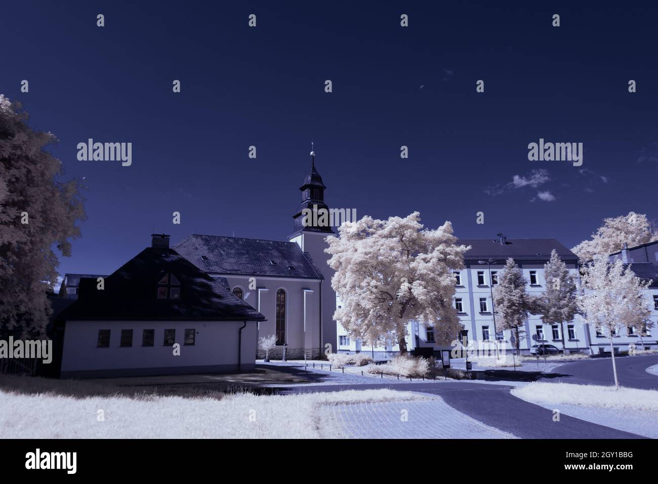 Infrared landscape with glowing white vegetation using 720nm filter ...