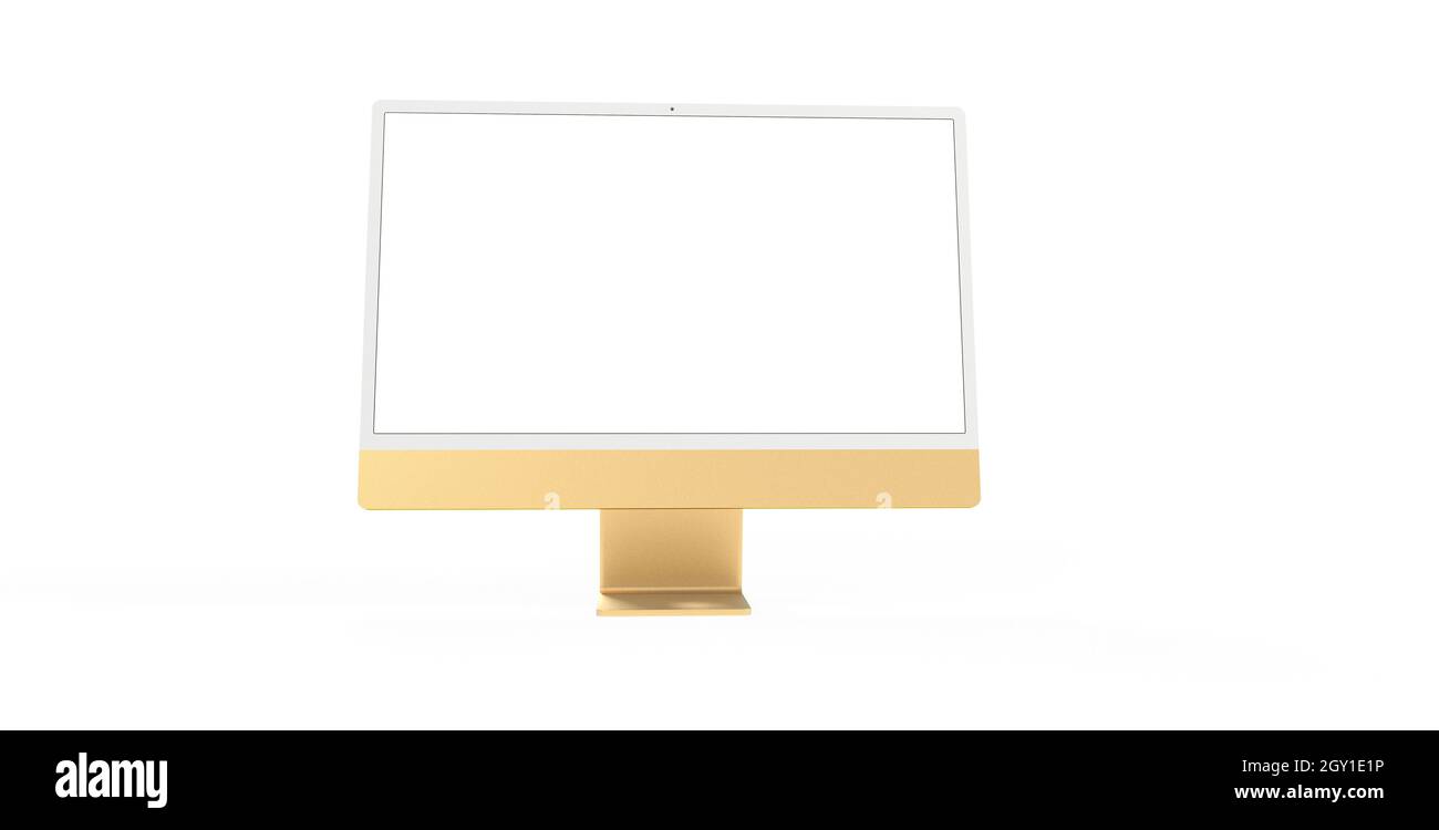 3D rendering of a golden computer with a white blank screen for copy ...