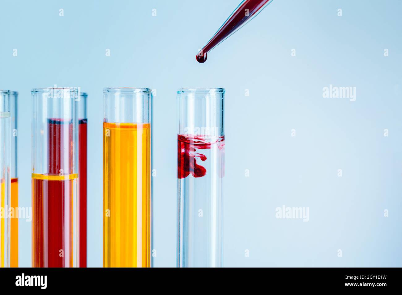 Laboratory test tubes with red and yellow liquids on light blue ...