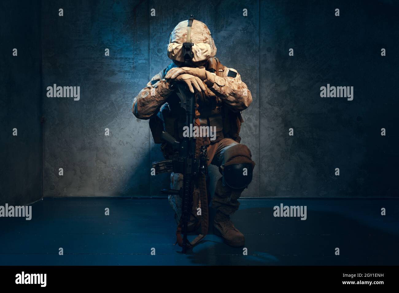 War, army, weapon concept. Private military contractor holding rifle ...