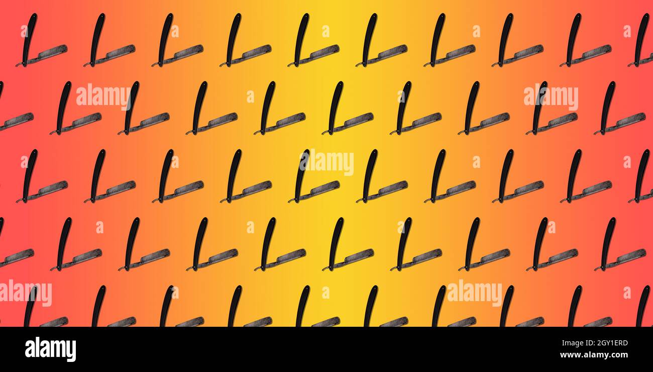 repeating pattern of old strait or cut throut razor blade on red ...