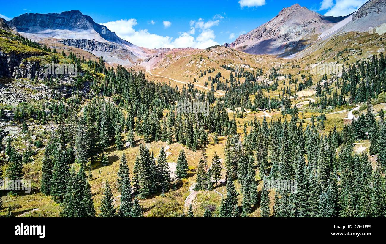 Rock Mountains in America with pine trees and mountain peaks Stock ...