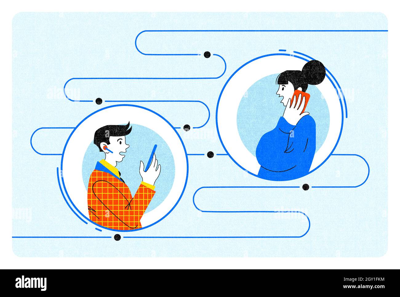 Two persones man and woman communicate with smartphones Stock Photo - Alamy