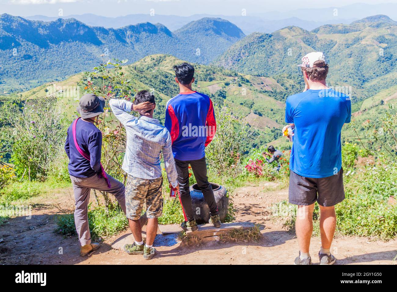 KALAW, MYANMAR - NOVEMBER 24, 2016: People observe landscape near Kalaw ...