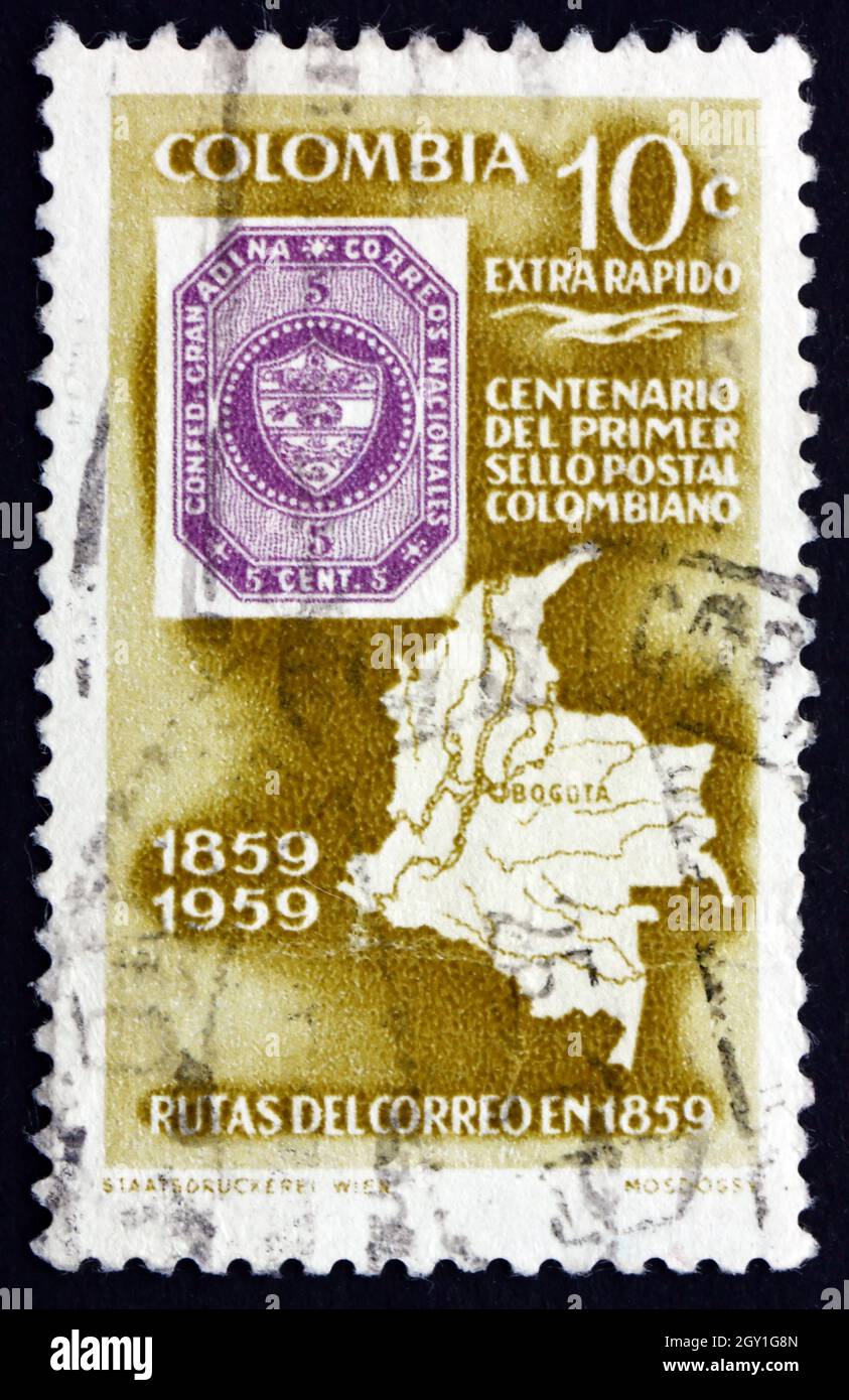COLOMBIA - CIRCA 1959: a stamp printed in the Colombia shows Map of ...