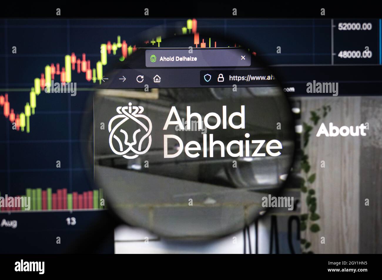 Ahold Delhaize company logo on a website with blurry stock market ...