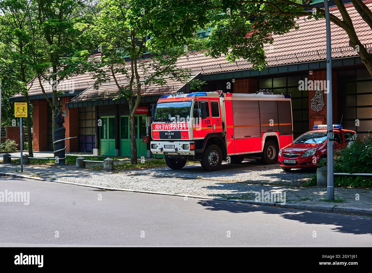 Berlin; Germany - June 26; 2021: View to fire engines in front of a ...