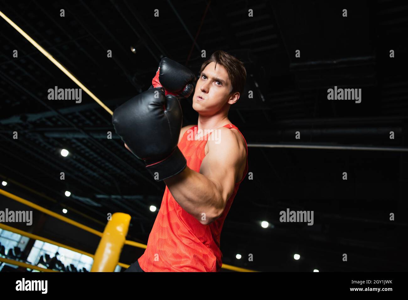 athletic man in boxing gloves working out in sports center Stock Photo ...