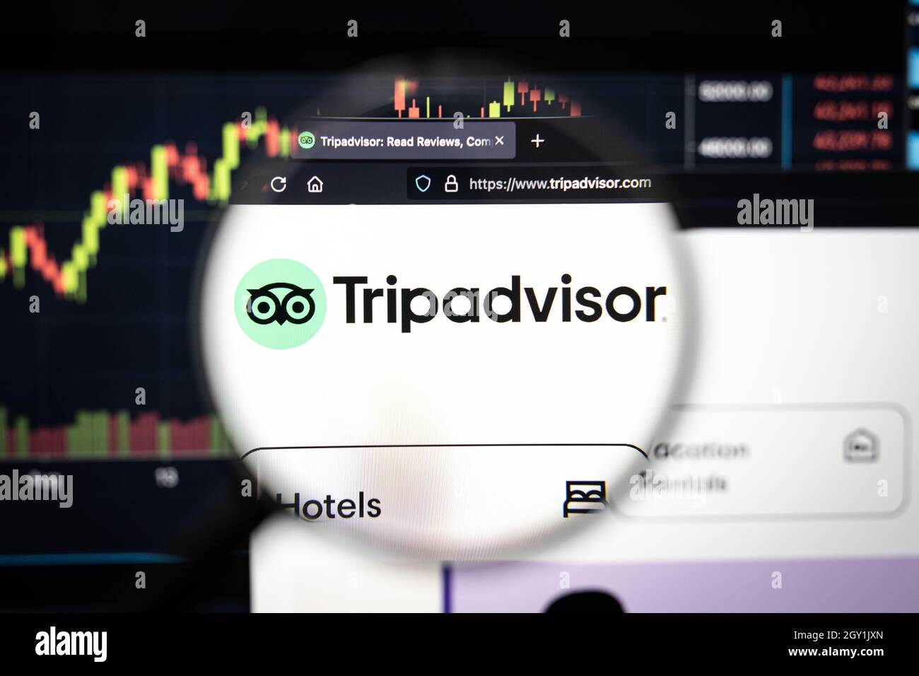 Tripadvisor company logo on a website with blurry stock market ...