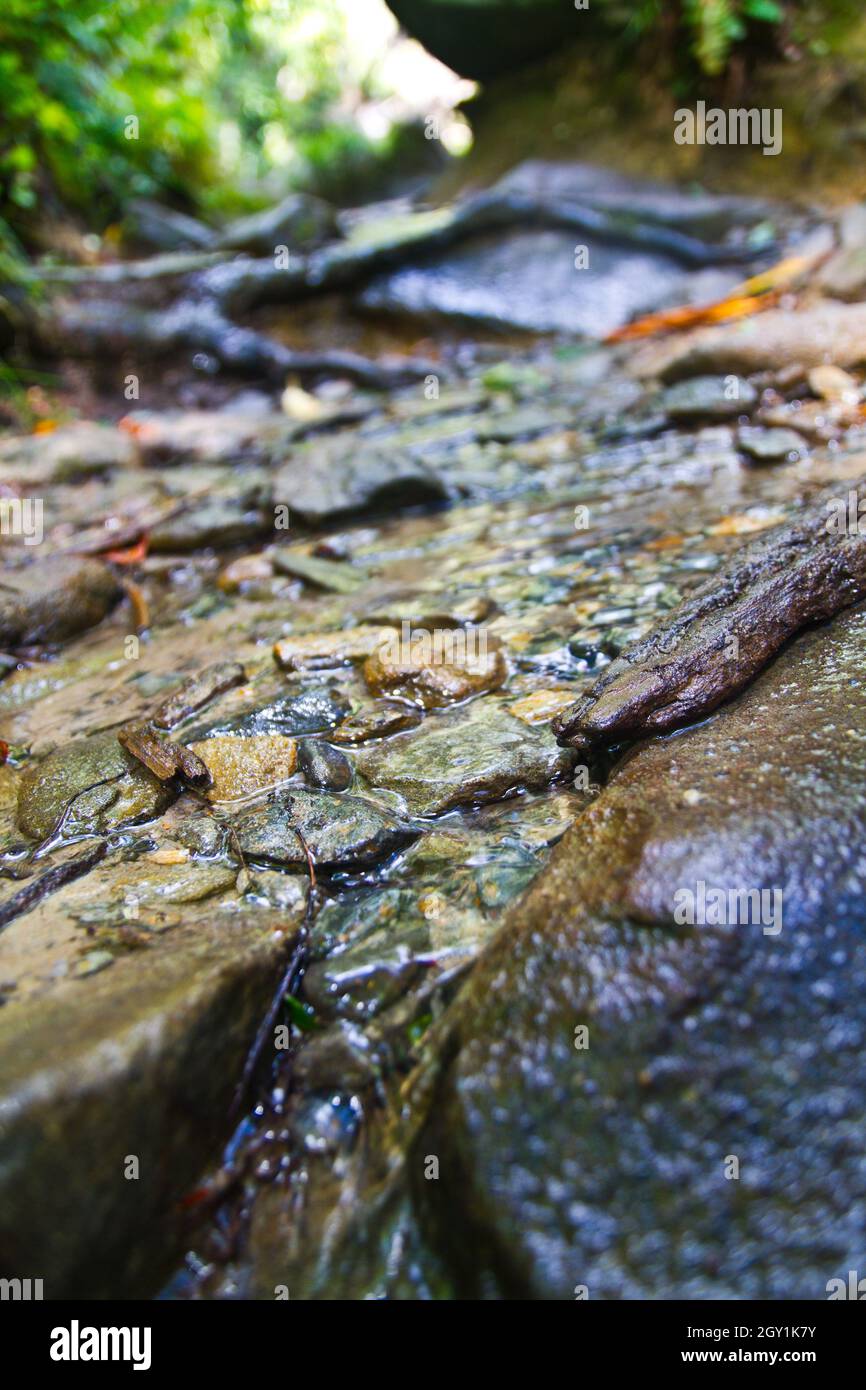 Thin streams of water run over brownish blue rocks in a shallow ...