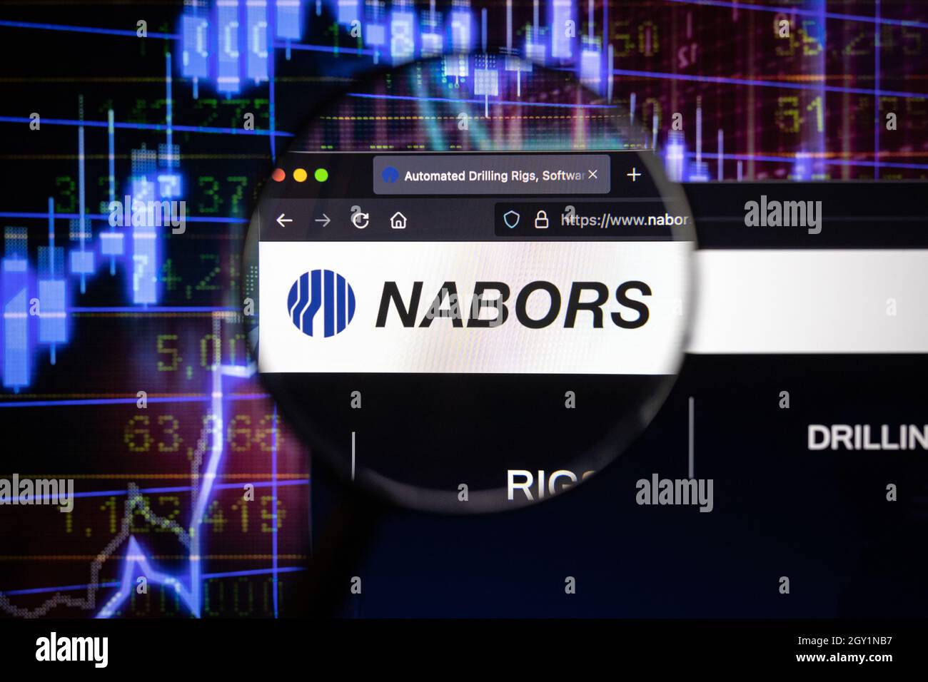 Nabors company logo on a website with blurry stock market developments in the background, seen ...