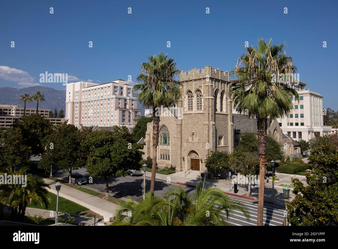 Daytime aerial view of historic downtown skyline of Pasadena ...