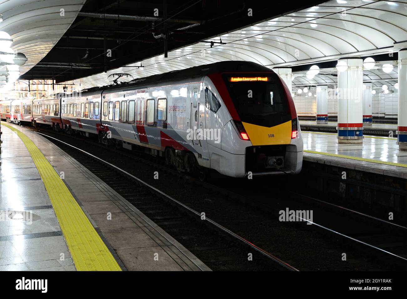 A greateranglia passenger train arriving at London Liverpool street ...