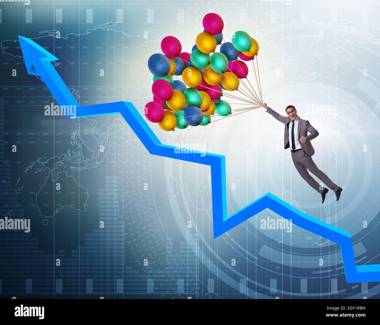 The businessman flying on balloons over graph Stock Photo - Alamy