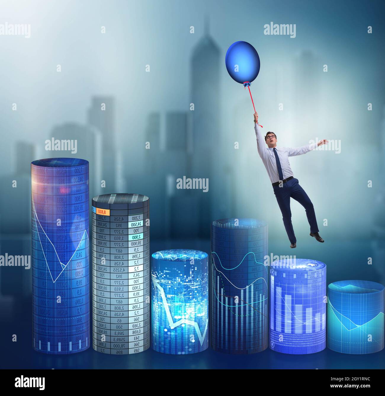 The businessman flying on hot balloon over graph Stock Photo - Alamy