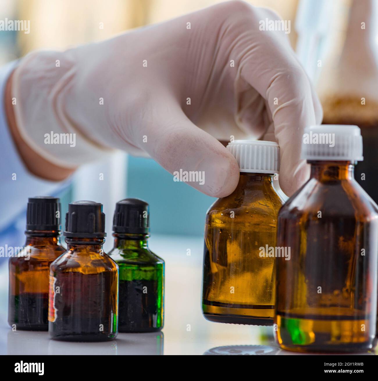 The various chemical solutions in the lab Stock Photo - Alamy