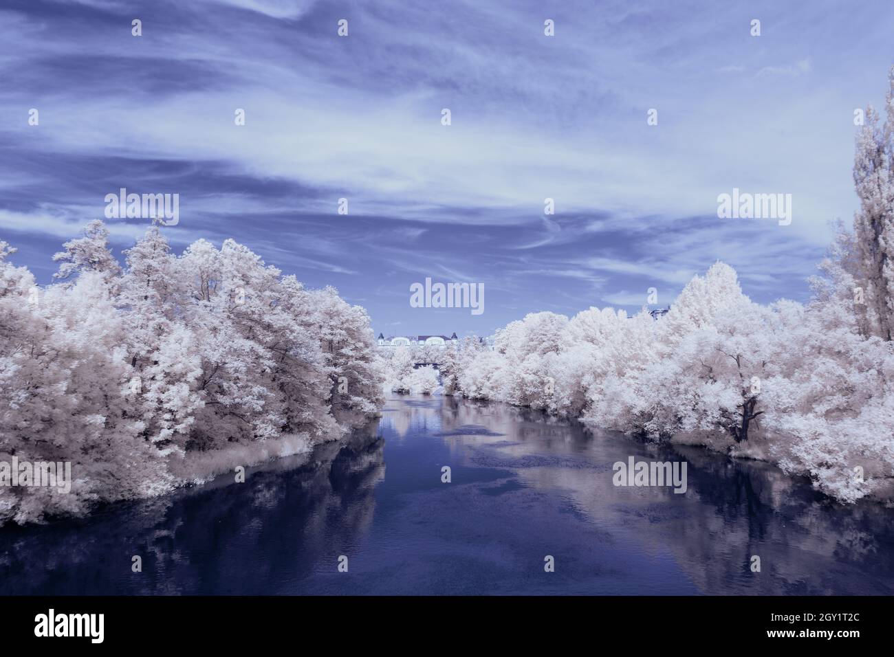 Infrared landscape with glowing white vegetation using 720nm filter ...