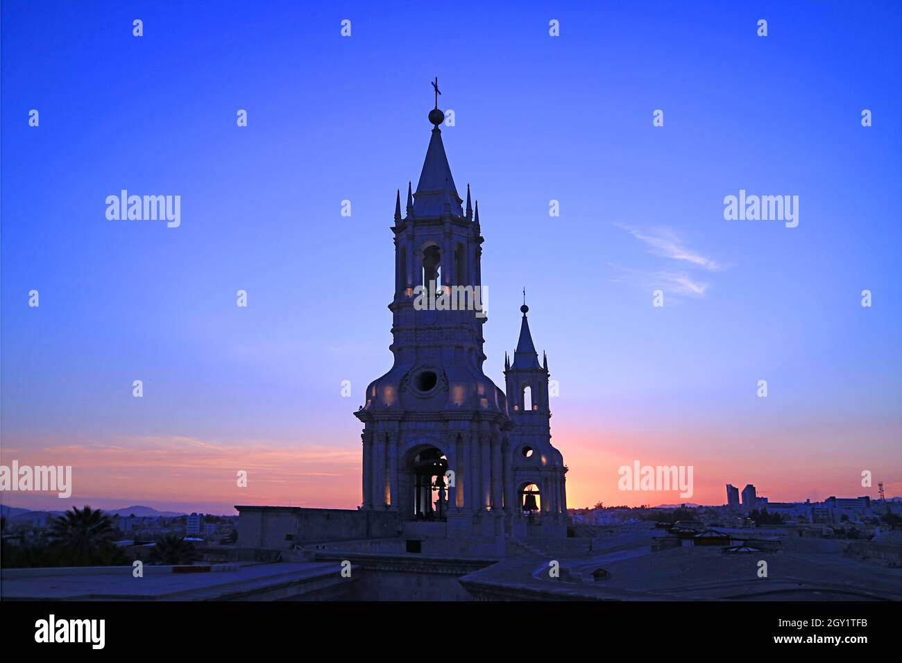 Stunning Bell Tower of Basilica Cathedral of Arequipa Against Sunset ...