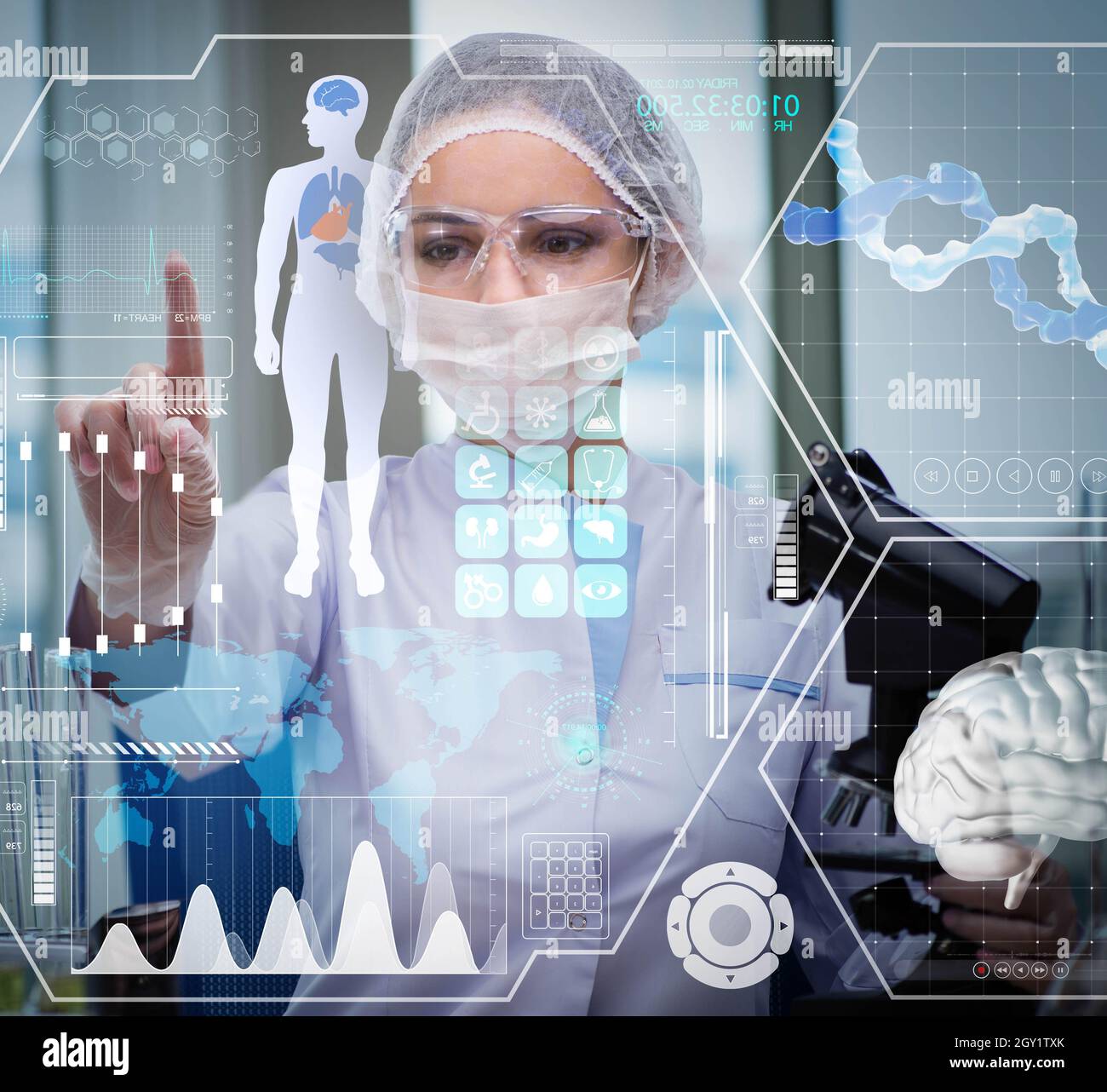 The doctor in futuristic medical concept pressing button Stock Photo ...