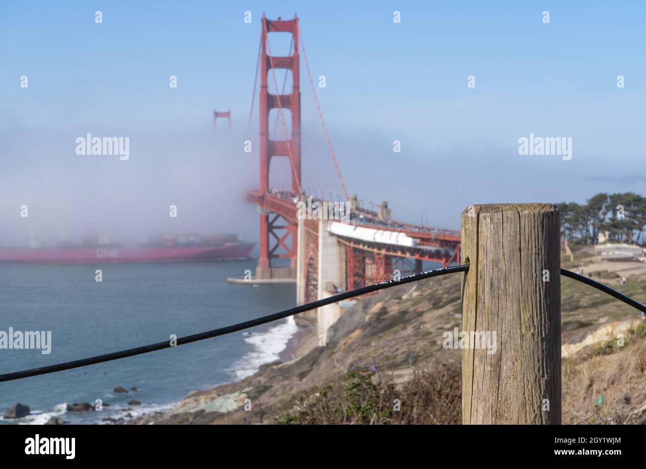 view of Golden Gate brige and Cypress trees from Battery Godfrey ...