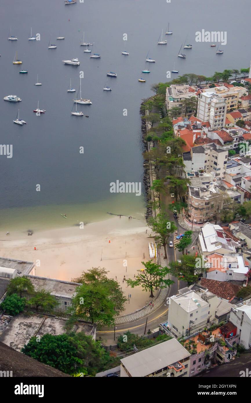 Aerial view of the coastal buildings and port of Rio de Janeiro, Brazil ...