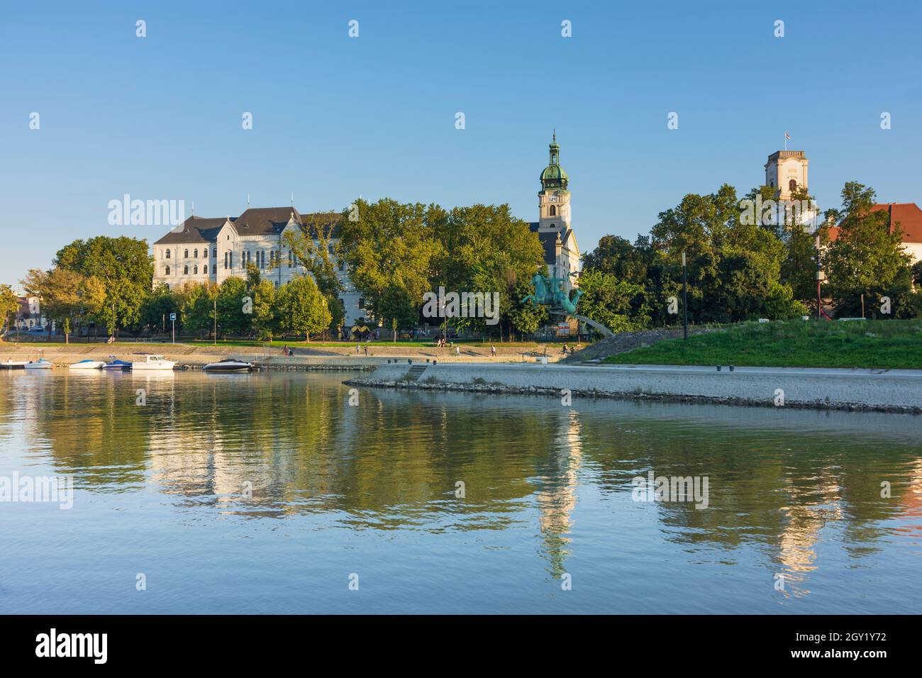 Györ (Raab): river Mosoni Duna (Danube), basilica, Bishops Castle and ...