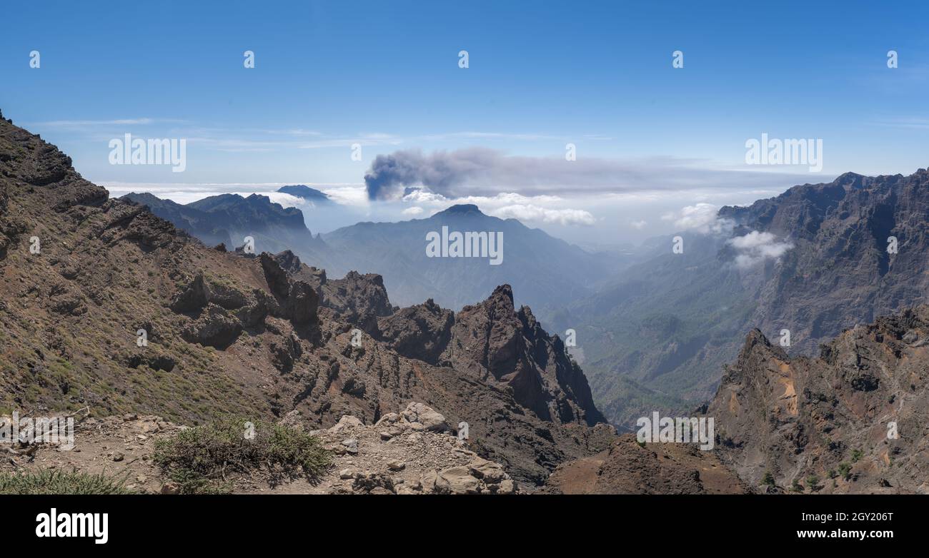 view of Cumbre vieja from Caldera de Taburiente. Volcano smoke above ...