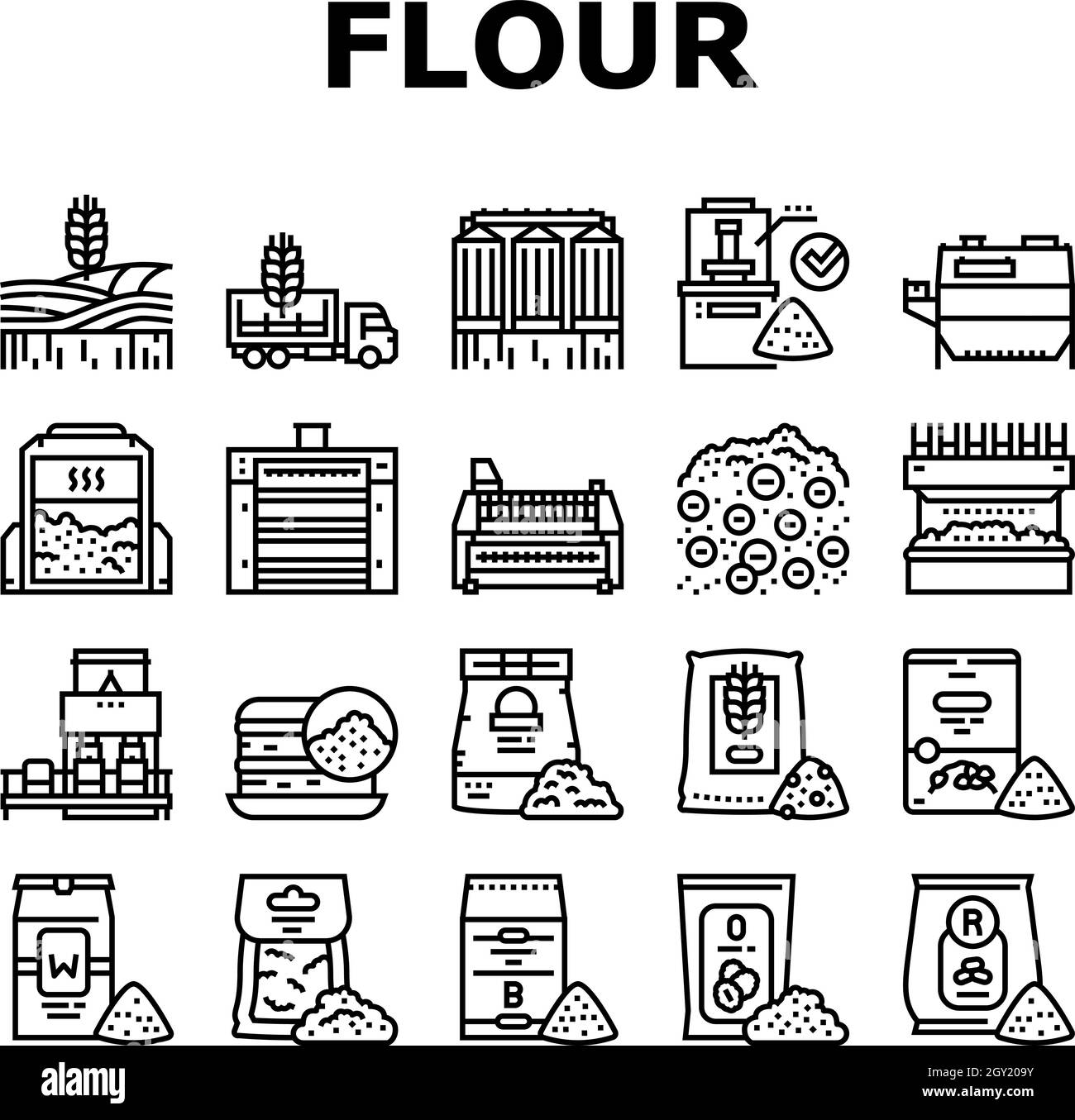 Flour Factory Industry Production Icons Set Vector Stock Vector Image ...