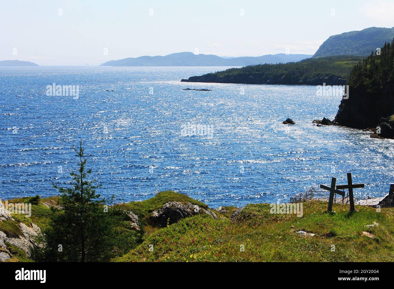 View from the top of a hill looking out over the Atlantic Ocean and the ...