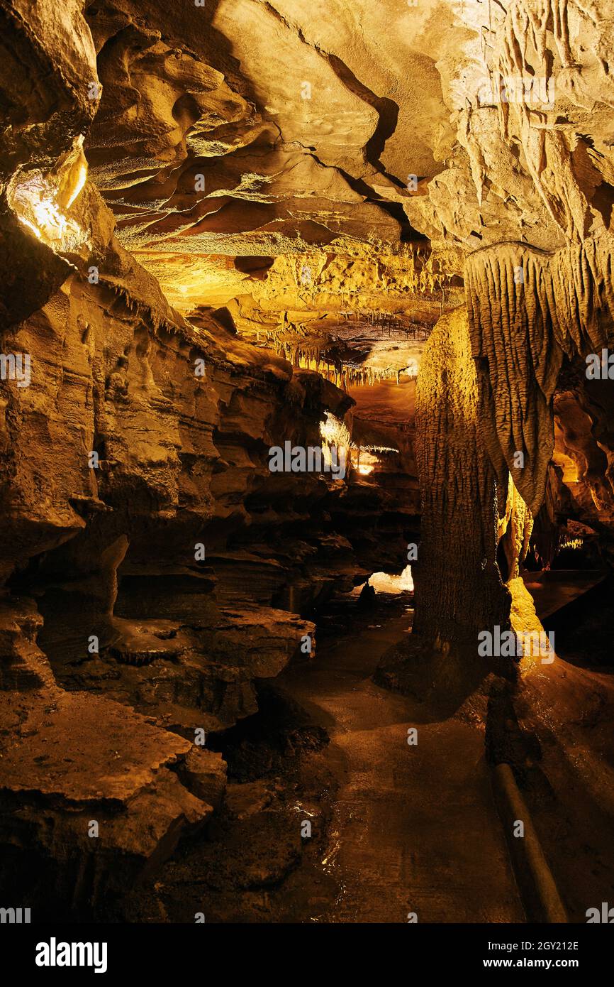 Large cave path with rock formations underground midwest america ...