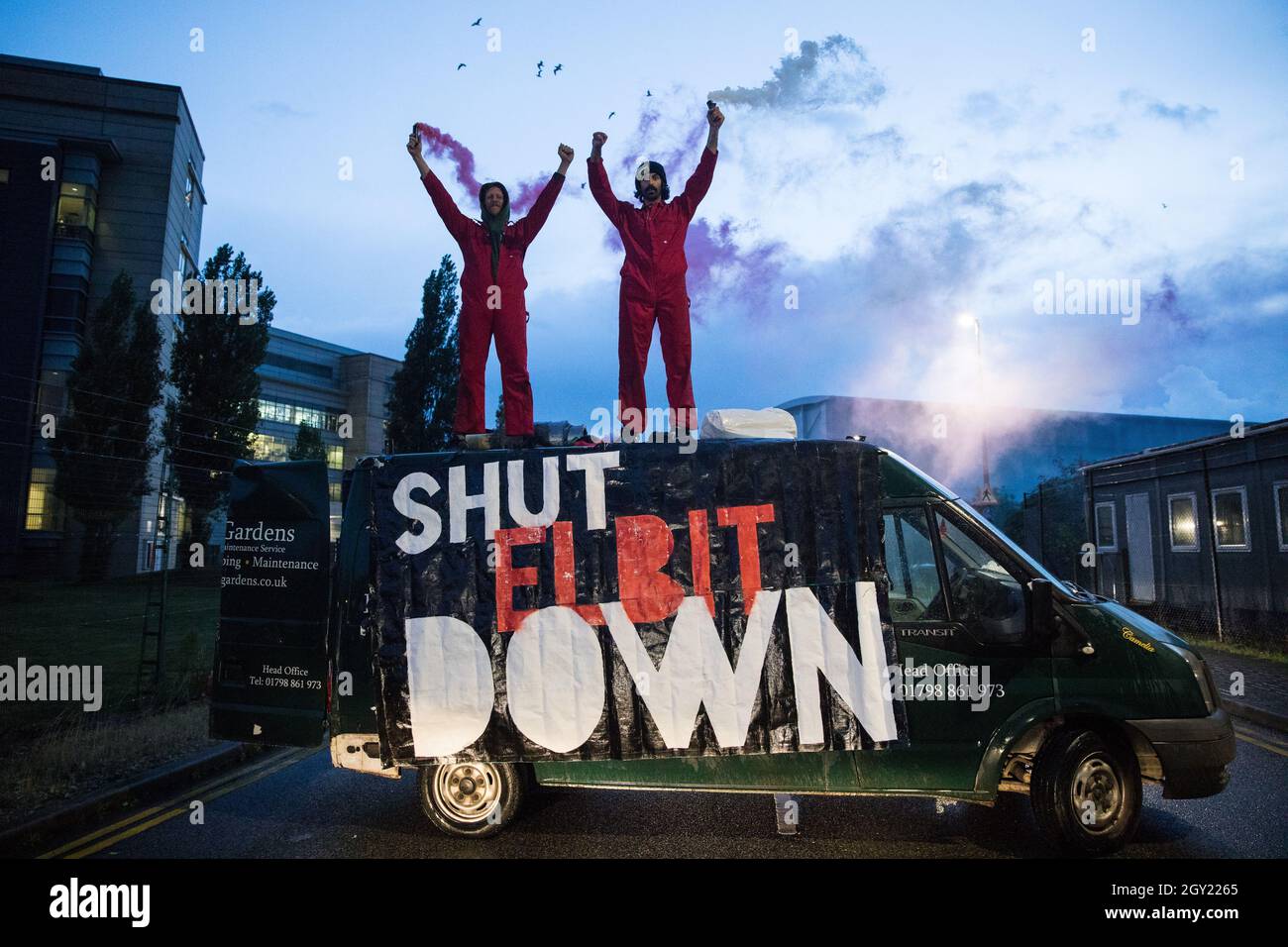 Sandwich, UK. 4th October, 2021. Palestine Action activists hold smoke ...