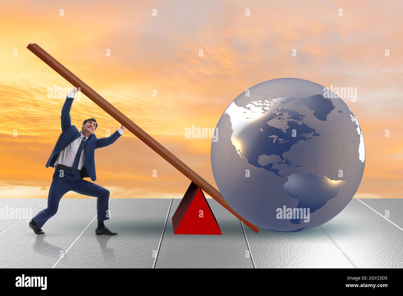 Businessman lifting the earth in the challenge concept Stock Photo - Alamy