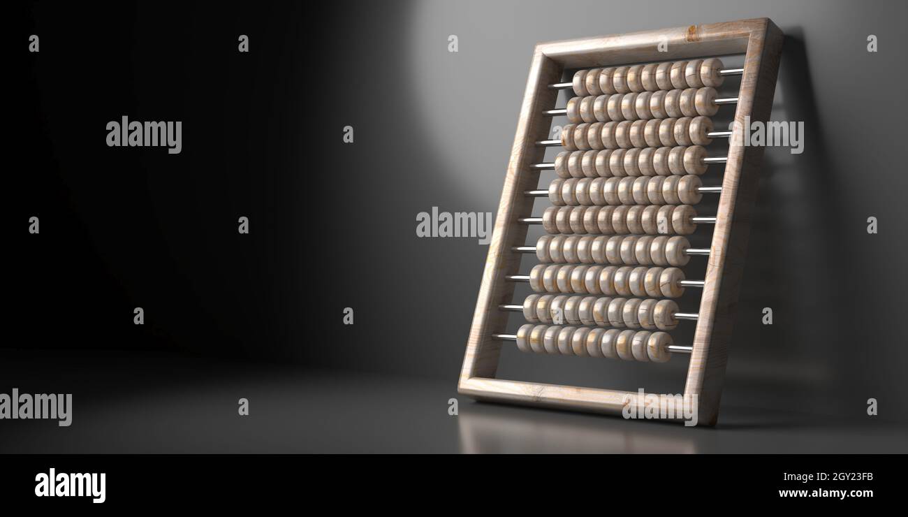 Count abacus with wooden beads and frame against black wall, dark ...